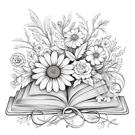 Un Dibujo En Blanco Y Negro De Un Libro Abierto Con Flores Ai
