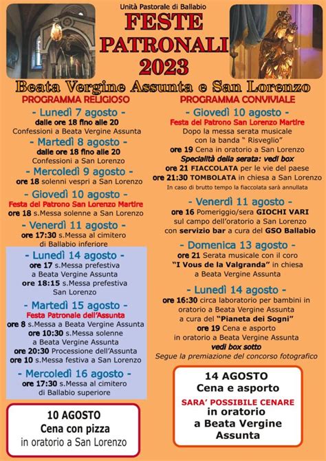 AL VIA LE FESTE PATRONALI DI SAN LORENZO E BEATA VERGINE ASSUNTA