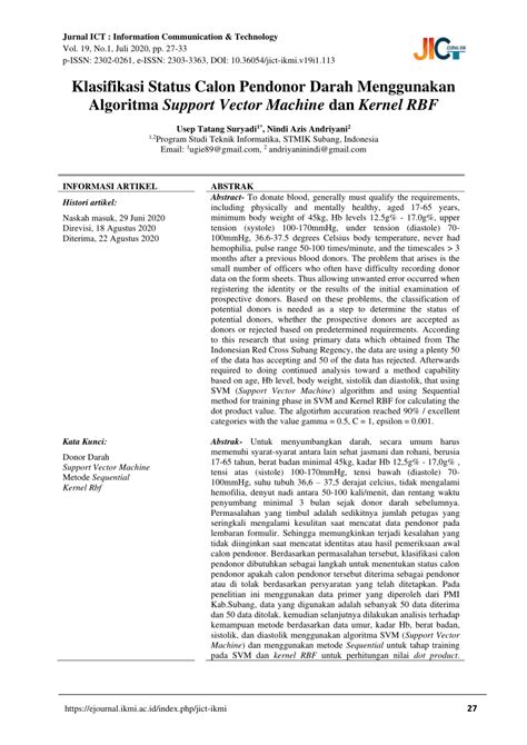 pdf klasifikasi status calon pendonor darah menggunakan algoritma support vector machine dan