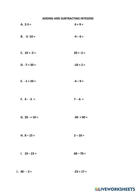 adding and subtracting integers worksheet live worksheets