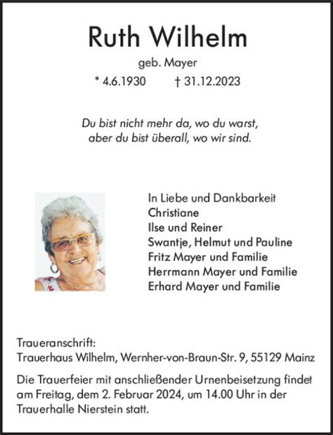 Traueranzeigen Von Ruth Wilhelm Vrm Trauer De