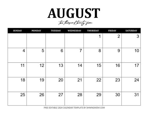 Editable August Calendar Template Erina Jacklin