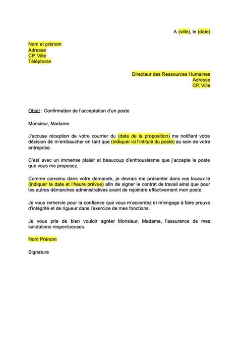 LETTRE ACCEPTATION DE POSTE PAR LE SALARIÉ Le contrat de travail