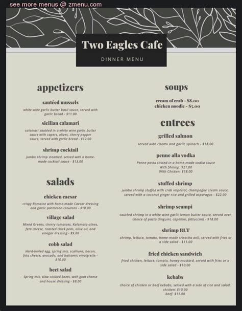 Online Menu Of Two Eagles Cafe Restaurant Philadelphia Pennsylvania