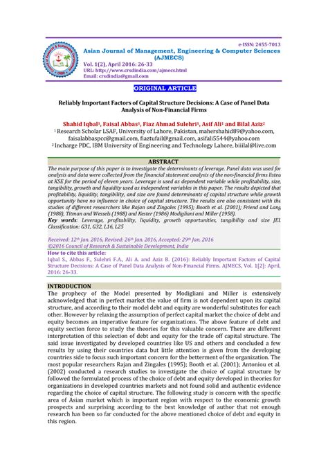 PDF Reliably Important Factors Of Capital Structure Decisions A Case