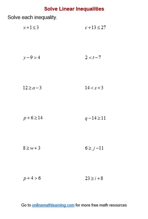 One Step Inequality Worksheets Printable Online Answers Examples