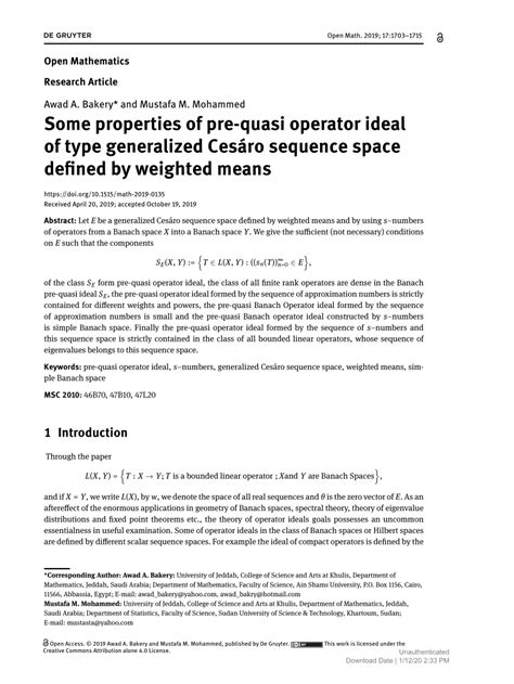 pdf some properties of pre quasi operator ideal of type generalized cesáro sequence space