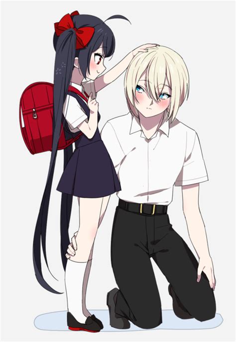 Safebooru Boy Girl Age Difference Antenna Hair Bag Black Hair