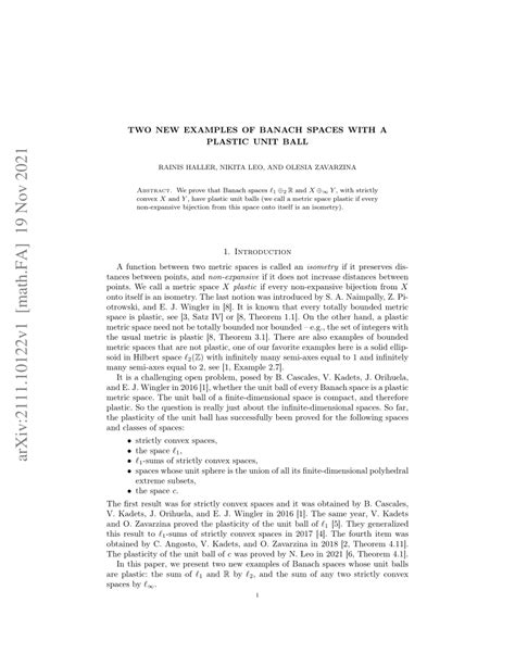 pdf two new examples of banach spaces with a plastic unit ball