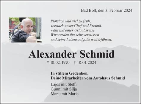 Traueranzeigen von Alexander Schmid Südwest Presse Trauer