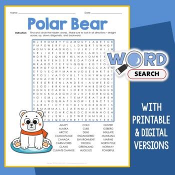 All About Polar Bears Word Search Puzzle Fun Vocabulary Stem Activity