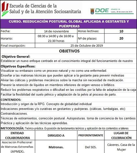 Asociación Matronas Extremadura CURSO REEDUCACIÓN POSTURAL GLOBAL
