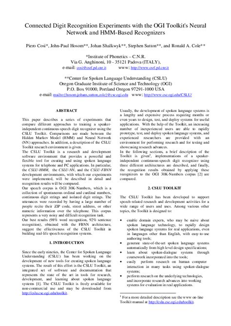 pdf connected digit recognition experiments with the ogi toolkit s neural network and hmm
