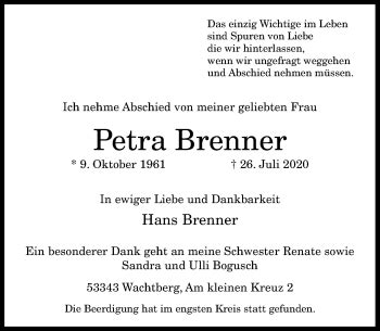 Traueranzeigen Von Petra Brenner Ga Trauer De
