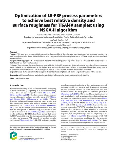 pdf optimization of lb pbf process parameters to achieve best relative density and surface