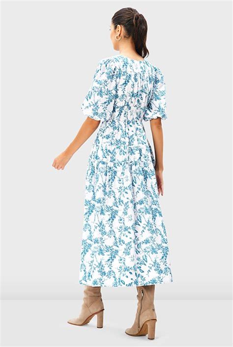 Shop Smocked Floral Print Cotton Linen Tier Dress EShakti