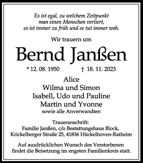Traueranzeigen von Bernd Janßen Aachen gedenkt