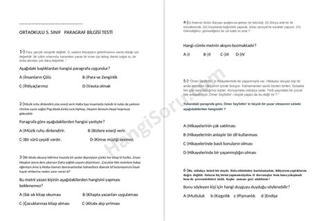 5 Sınıf Türkçe Paragrafta Anlam Testi HangiSoru
