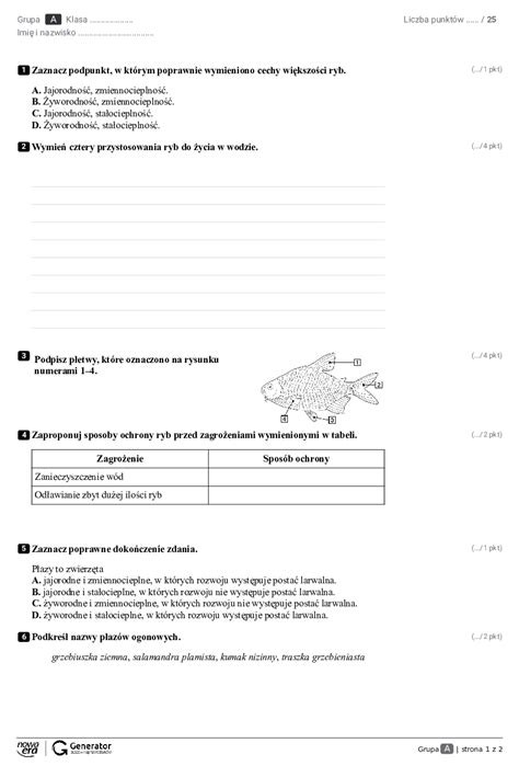 Krgowce Zmiennocieplne Sprawdzian Klasa 6 Question