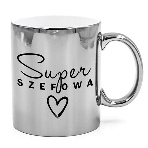 Kubek ceramiczny Srebrny Błyszczący Prezent SUPER SZEFOWA 01 300ml