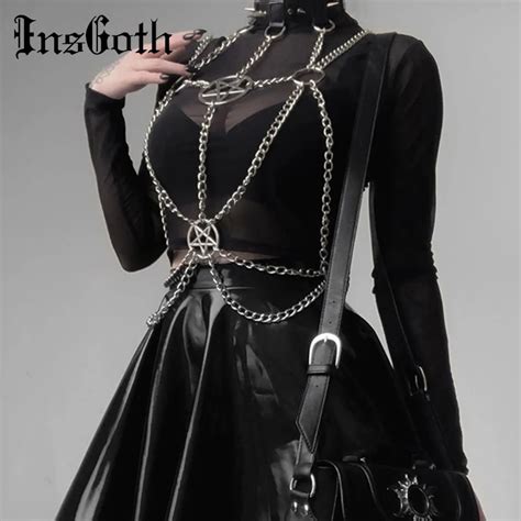 Insgoth Sexy Women Suspenders Chest Metal Chain Belt Gothic Harajuku Pentagrams Patchwork