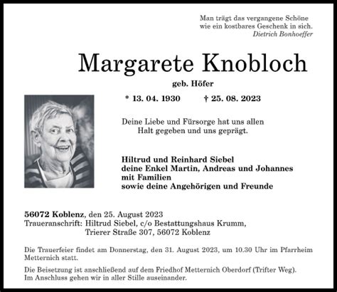 Traueranzeigen Von Margarete Knobloch Rz Trauer De