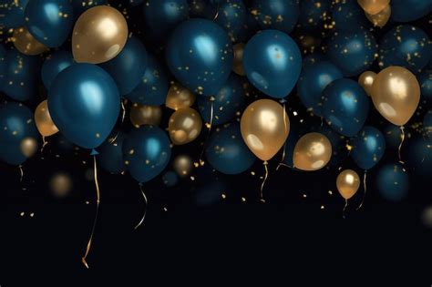 Celebración de globos azules y dorados sobre un fondo oscuro de lujo