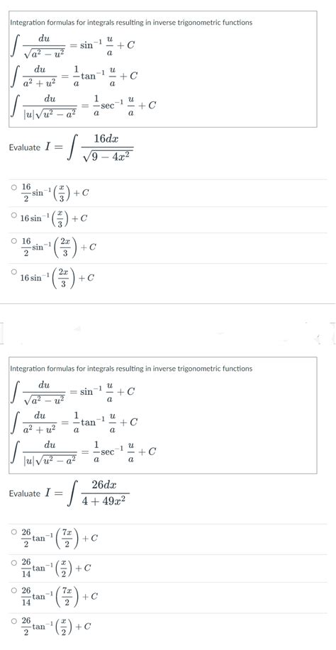 solved integration formulas for integrals resulting in