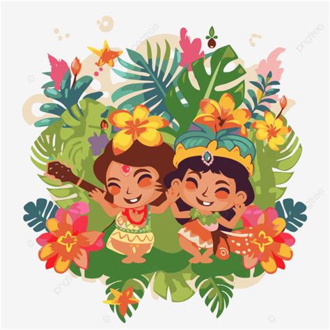 Transparent Luau Vector Sticker Clipart Cute Hawaiian Females Playing