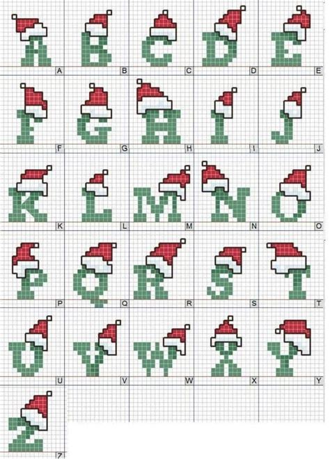 Cross Stitch Alphabet With Santa S Hats And Letters In Red White And Green