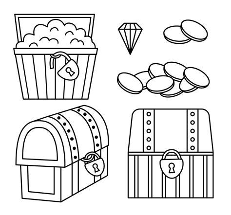 Treasure Black And White Chest Icon Set Pirate Line Wooden Coffers