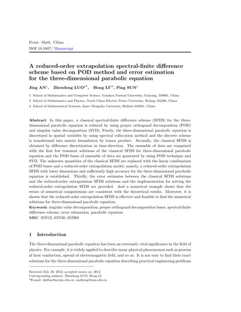 pdf reduced order extrapolation spectral finite difference scheme based on pod method and