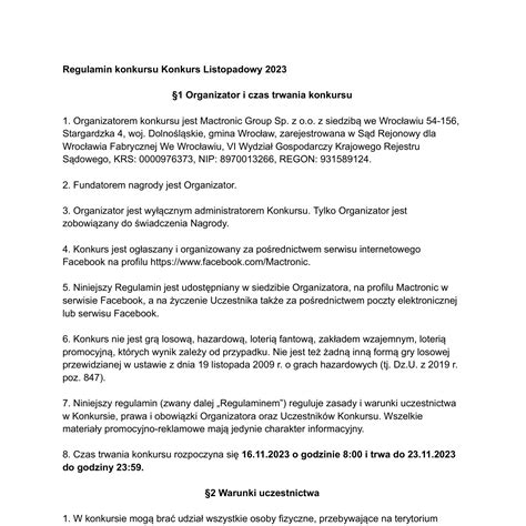 Regulamin Konkursu Listopad 2023 Docx Pdf DocDroid