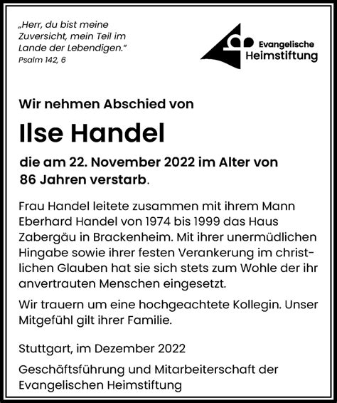 Traueranzeigen Von Ilse Handel Trauerundgedenken De
