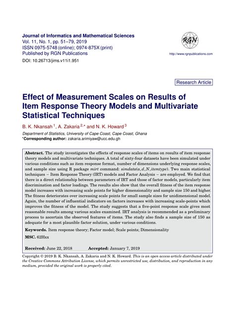 pdf effect of measurement scales on results of item response theory models and multivariate