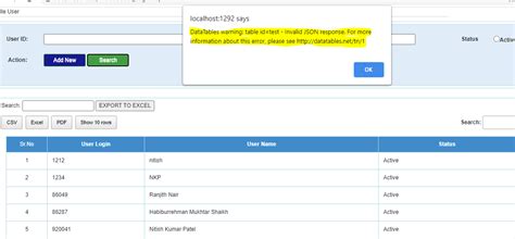 Jquery Datatables Warning Table Id Tableid Invalid Json Response