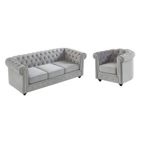 Canapé 3 places et fauteuil CHESTERFIELD Velours gris clair