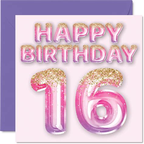 Amazon 16歳の誕生日カード 女の子向け ピンク パープル キラキラバルーン Happy Birthday Card for 16歳