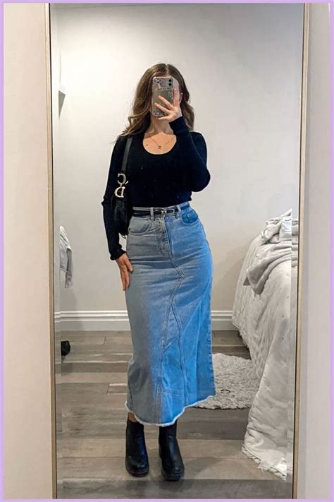 Pin On Denim Skirt Outfits In Long Denim Skirt Outfit Skirt