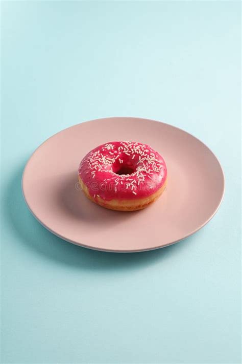 Pink Donut With Sprinkles On Pink Plate Sweet Glazed Dessert Food On
