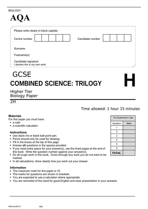 AQA GCSE COMBINED SCIENCE TRILOGY Biology Paper 2H JUNE 2022 QUESTION