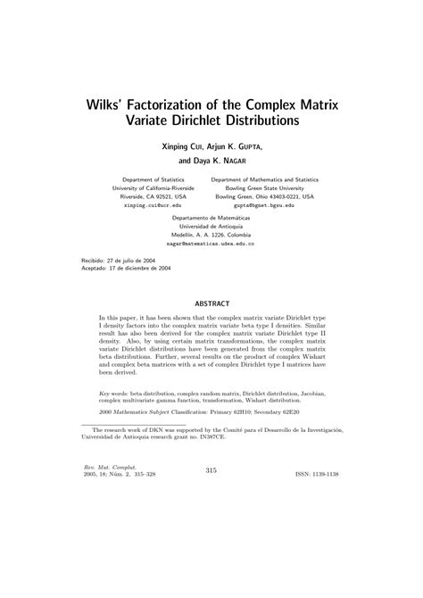 pdf wilks factorization of the complex matrix variate dirichlet distributions