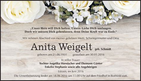 Traueranzeigen Von Anita Weigelt Abschied Nehmen De