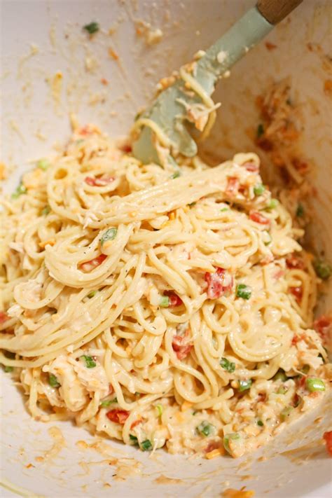 Chicken Spaghetti With Rotel In A Mixing Bowl Mexican Chicken Spaghetti