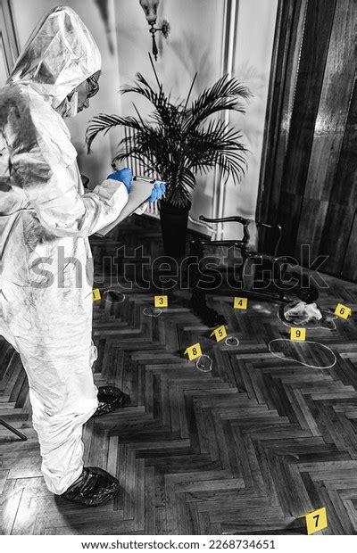 Forensic Investigator Collecting Crime Scene Evidence Stock Photo