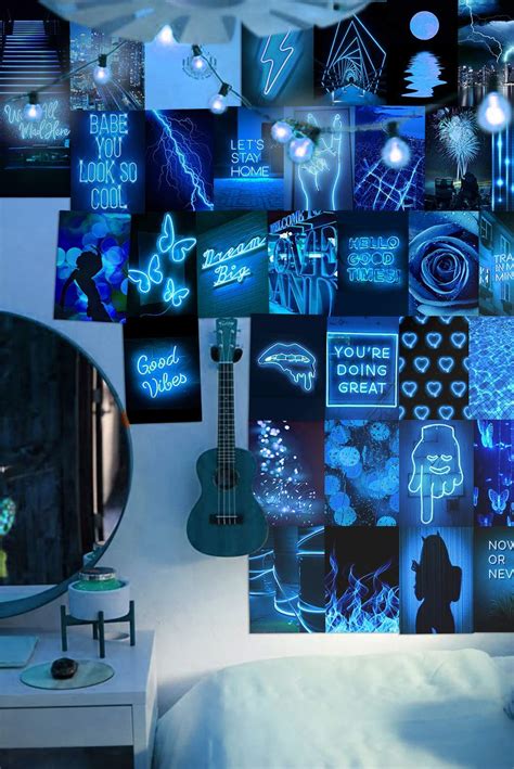 Blue Neon Wall Collage Kit Aesthetic Pictures Aesthetic Room Decor