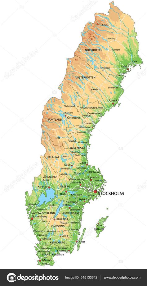 Alto Mapa Físico Detallado Suecia Con Etiquetado Vector de stock por