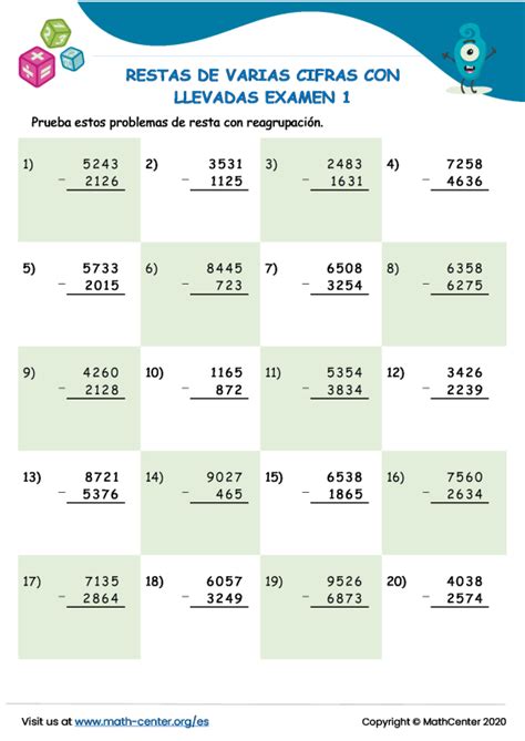 Tercer Grado Pruebas Restas De Varias Cifras Con Llevadas Math Center