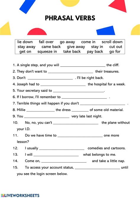 The Worksheet For Phrasal Verbs Is Shown In Blue Yellow And Red