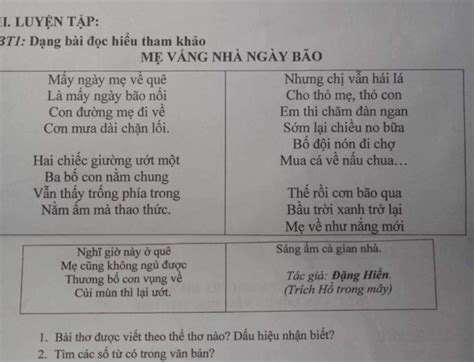 Dạng bài đọc hiểu tham khảo MẸ VẮNG NHÀ NGÀY BÃO Ngữ văn Lớp 7 Bài